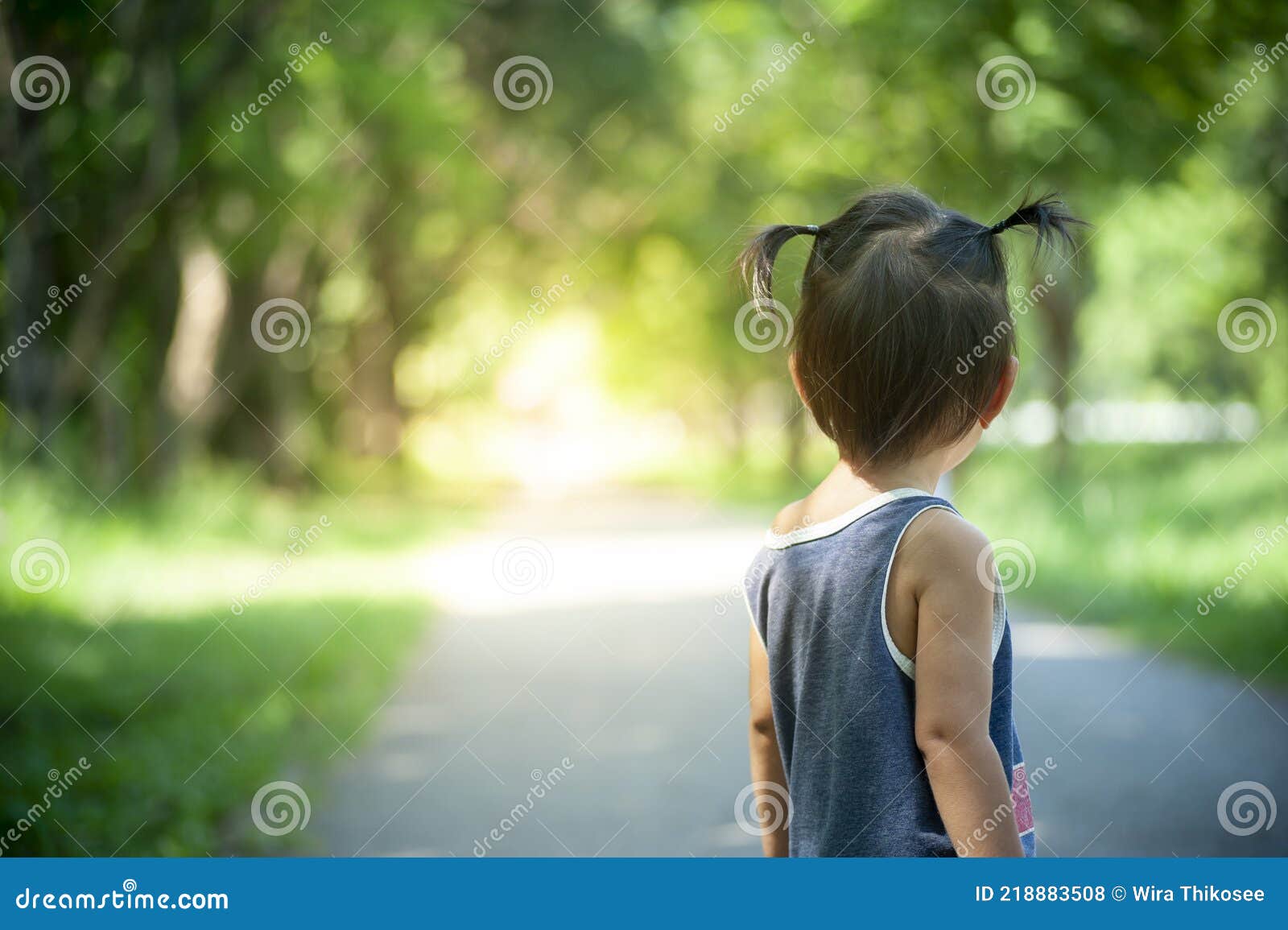 Back of Girl on Background of Road and Forest Park Stock Photo - Image ...