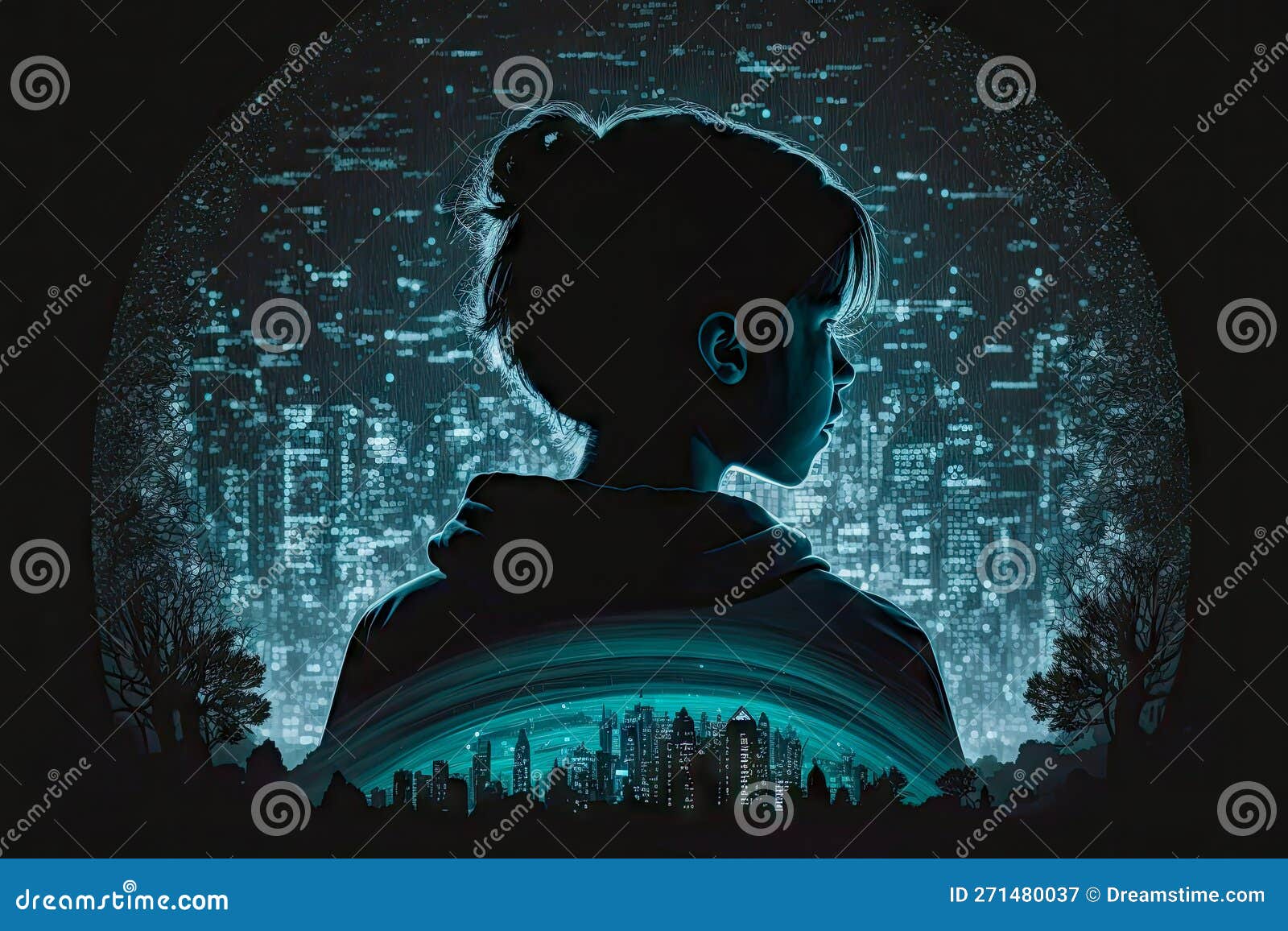 Back of the Girl on the Neon City Background Stock Image - Image of ...
