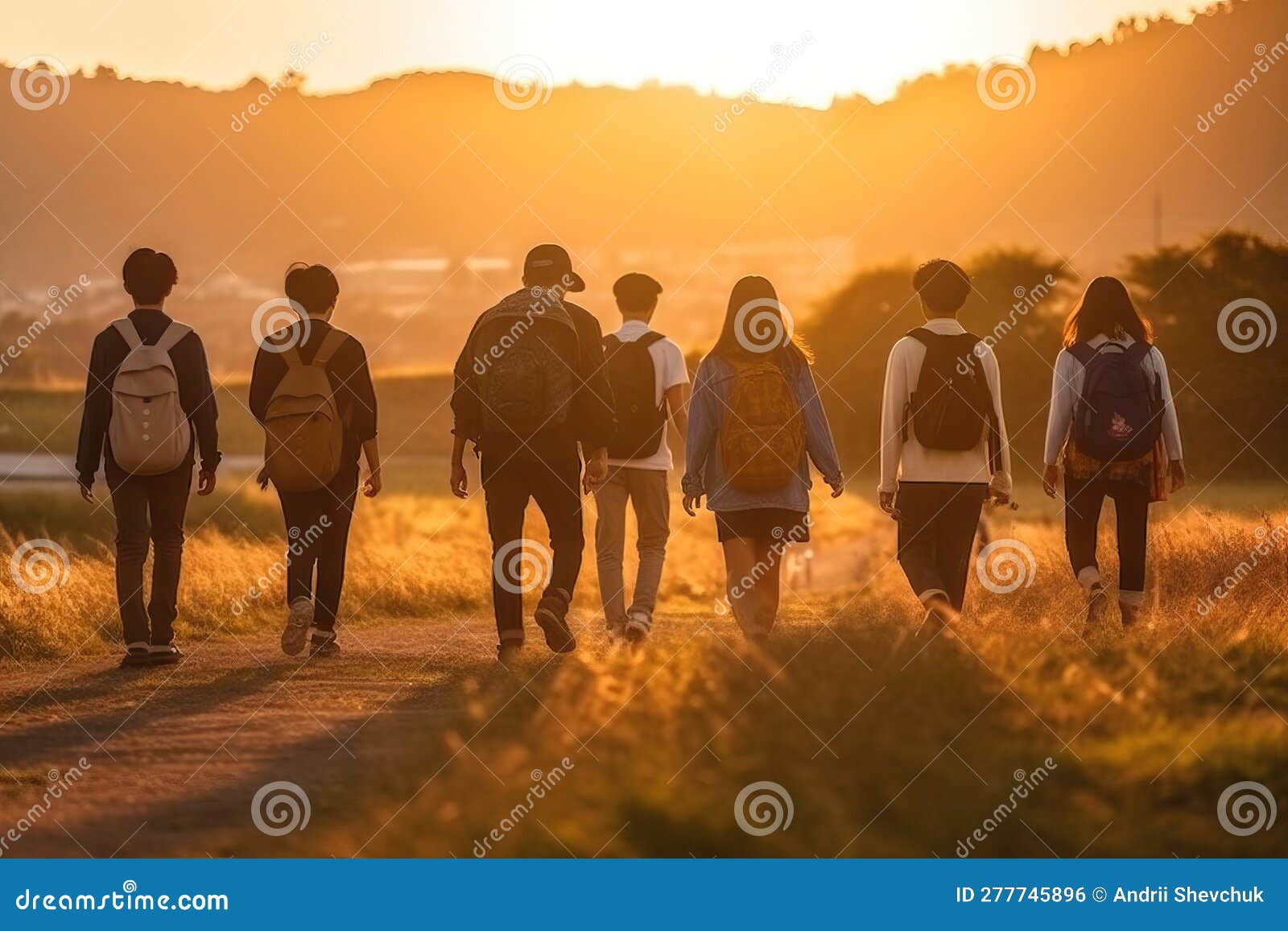Back of Large Group Walking Asian Teenager Students with Backpack at ...
