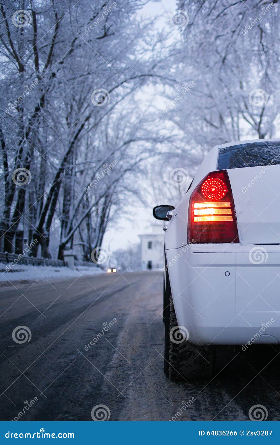 Back Light of White Car Upside-down View. Winter Stock Photo - Image of ...