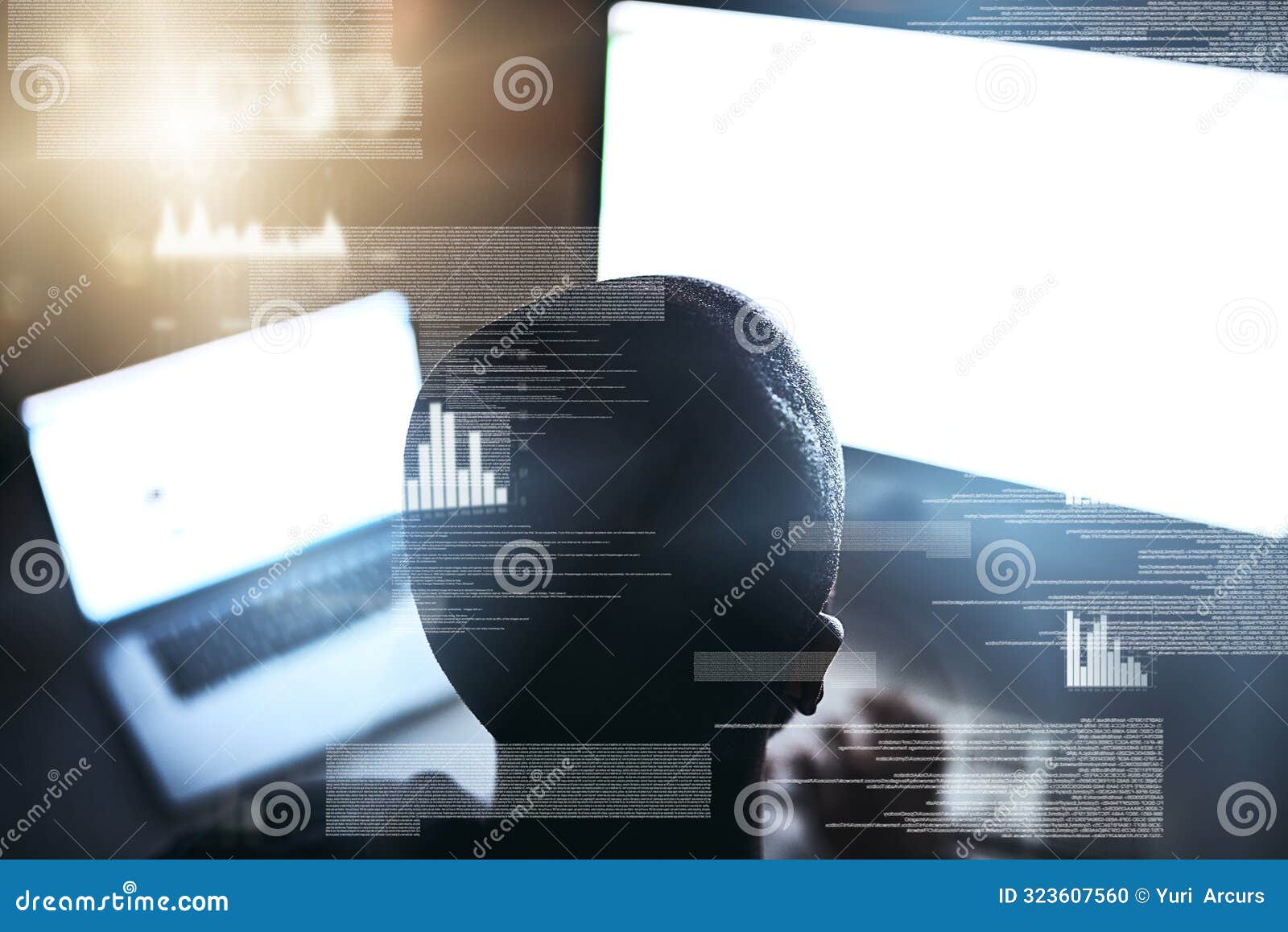 Back, Man, Overlay and Computer Screen As Hacker on Fraud or Cloning ...