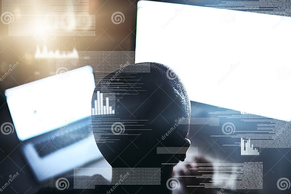Back, Man, Overlay and Computer Screen As Hacker on Fraud or Cloning ...