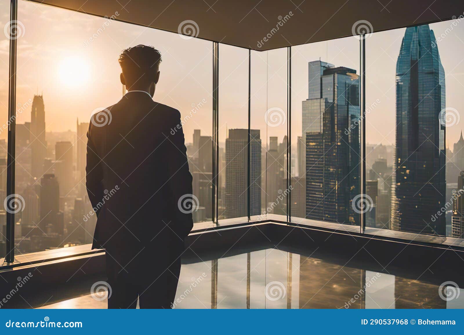 Back of Man Standing Standing and Looking Out Windows To Cityscape ...
