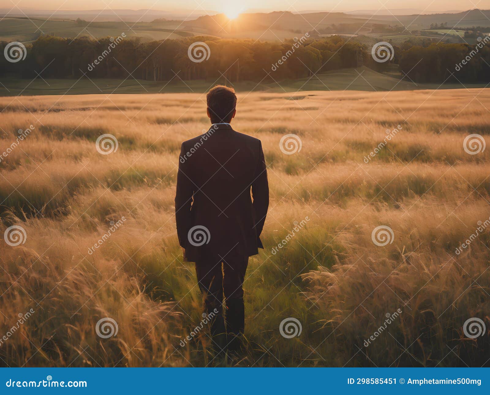 The Back of a Man Stands in the Grass and Looks at the Sunset. Stock ...