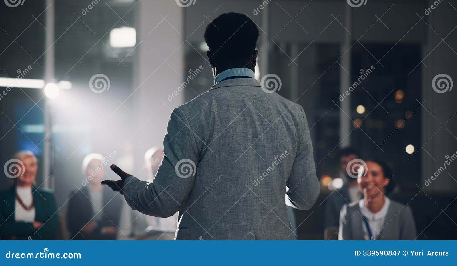 Back, Man and Speaker with Presentation for Crowd Speech, Workshop and ...