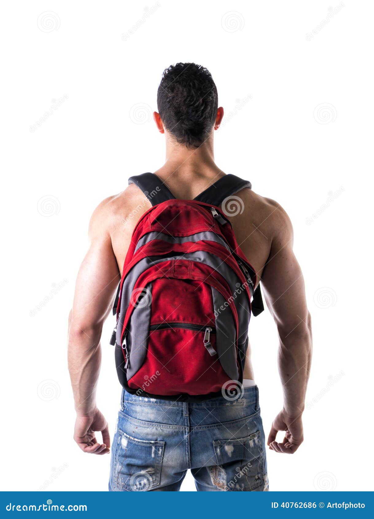 Back of Muscular Young Man with Backpack Stock Photo - Image of holding ...