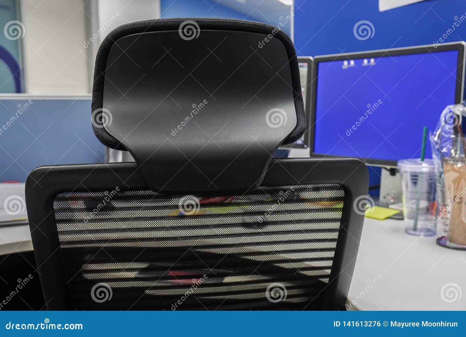Back of Office Chair and Desk in Workplace Stock Photo - Image of ...