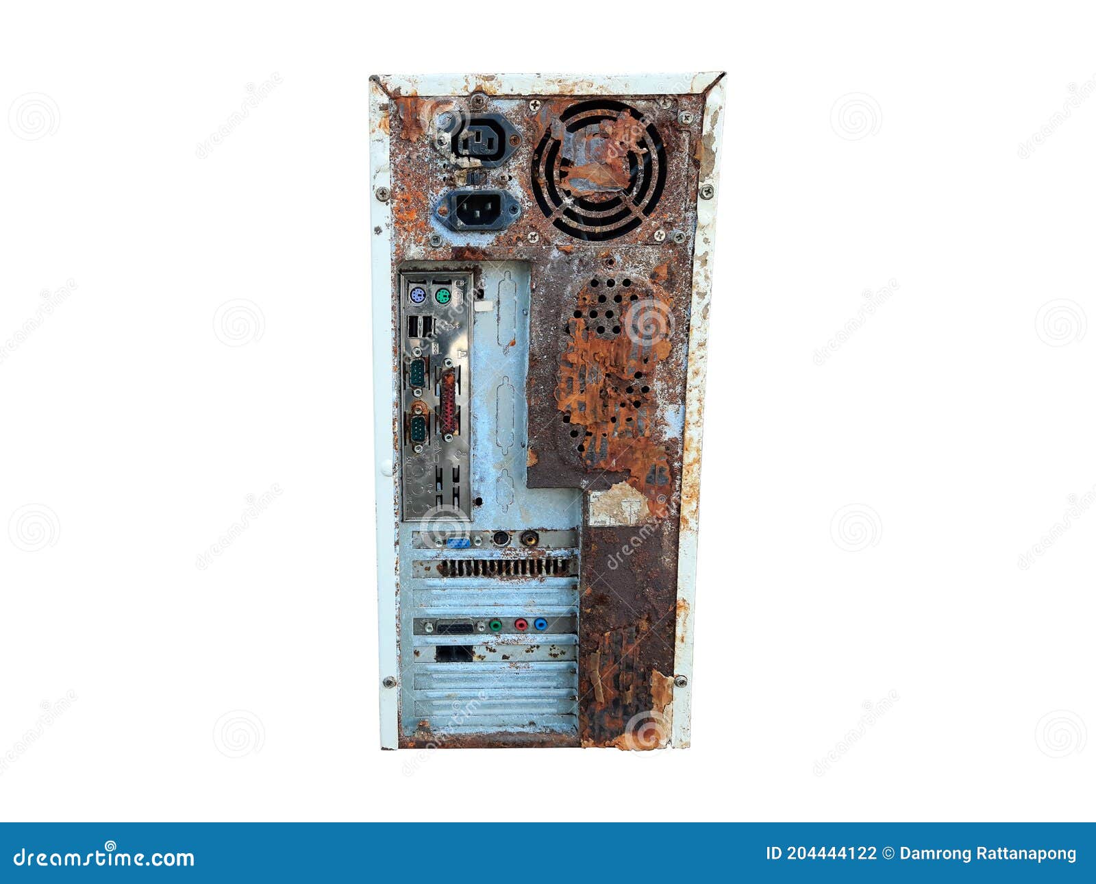 Back Of Old Rusty Computer Case Isolated On White Background. E-waste ...