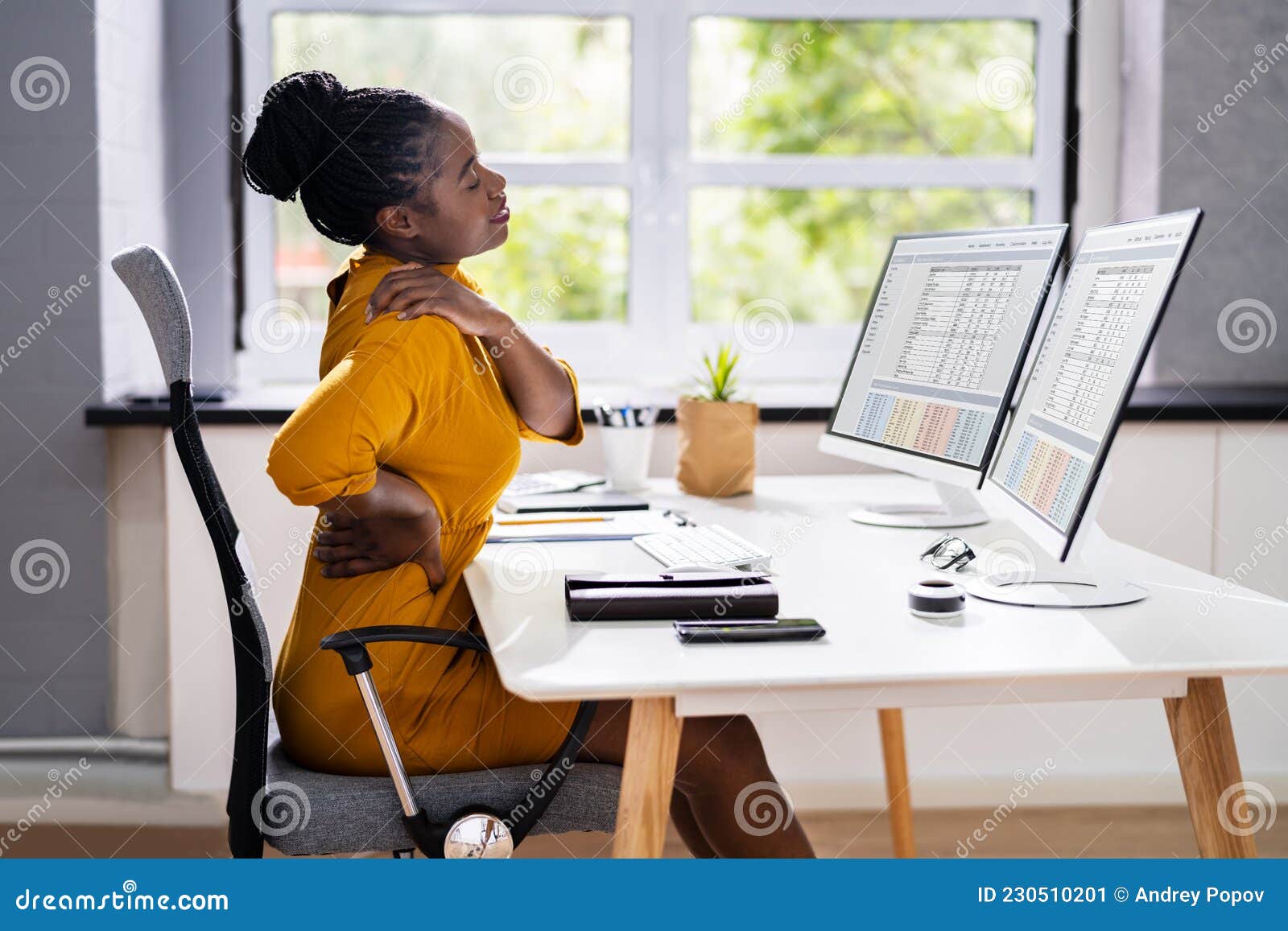 Back Pain Bad Posture Woman Sitting Stock Image - Image of computer ...
