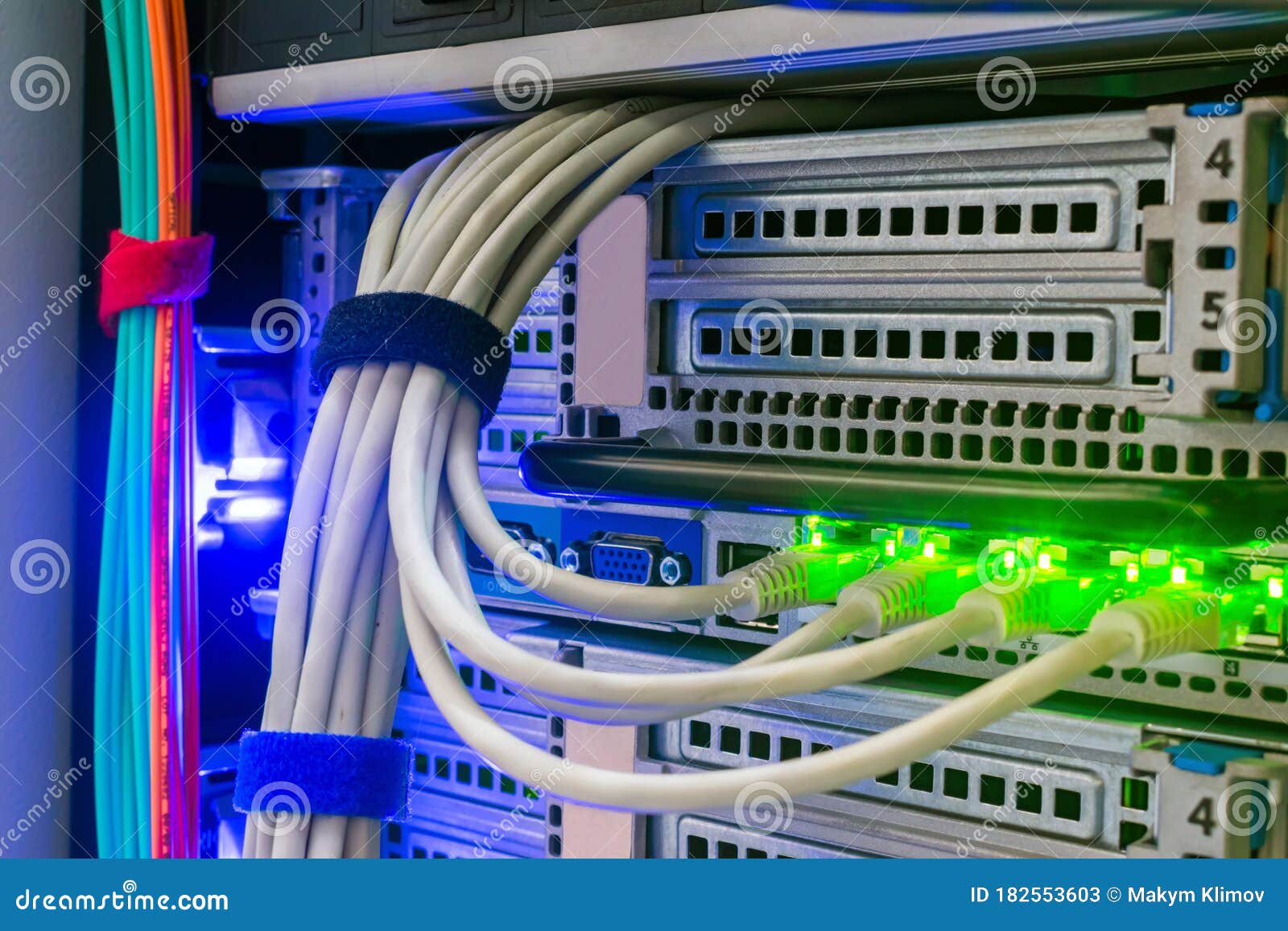 Back Panel of a Compute Server with Four Network Interfaces. Green ...
