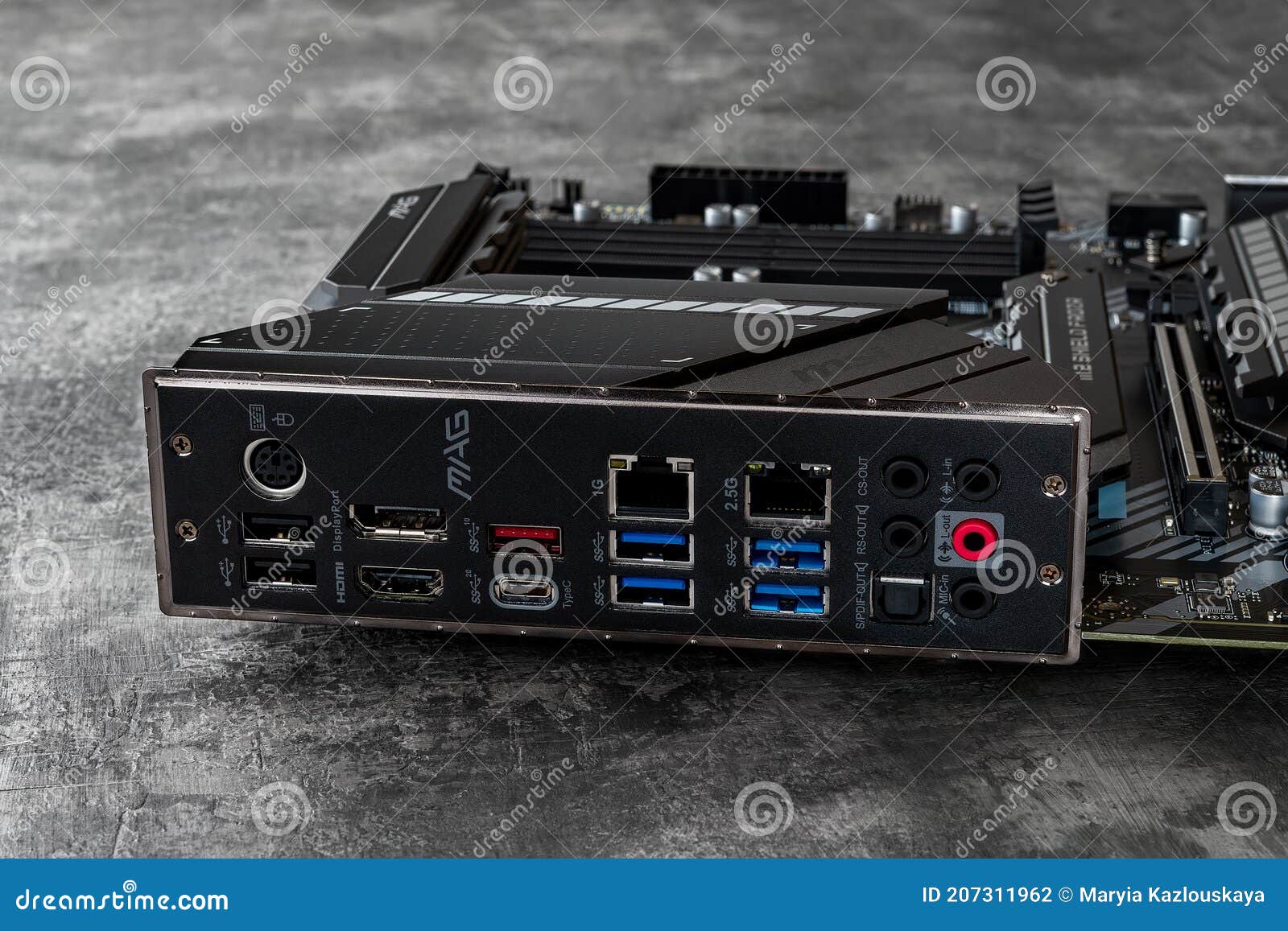 Back Panel Ports of MSI Mag Z490 Tomahawk Gaming Motherboard on a Dark ...