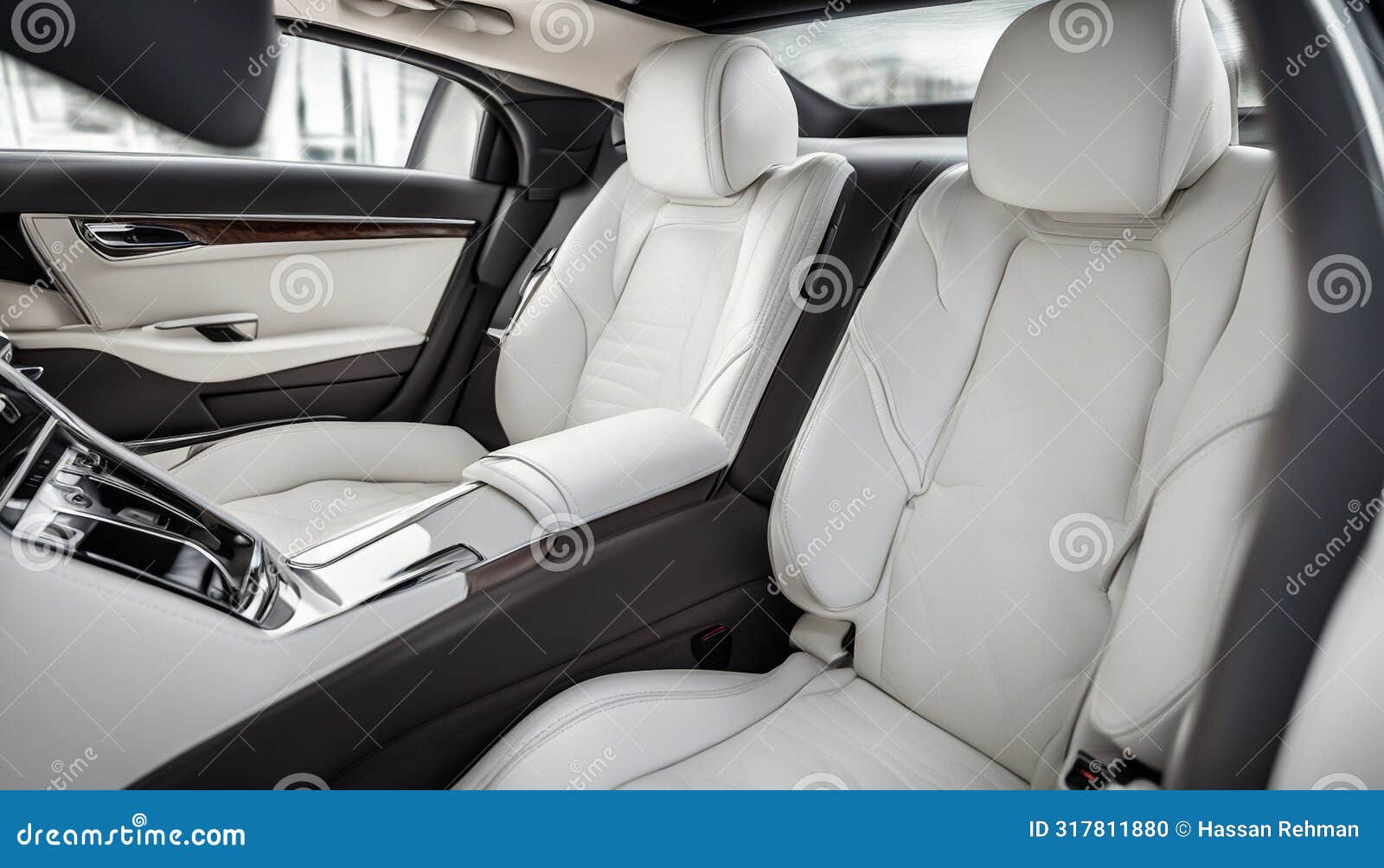 Back Passenger Seats in Modern Luxury Car, Frontal View, White Leather ...