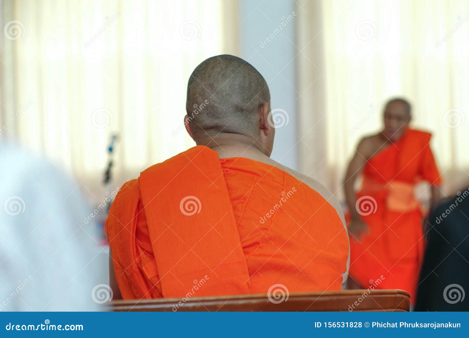 Back Portrait of Monk Sits on Sofa with Blurred Old Monk in Background ...