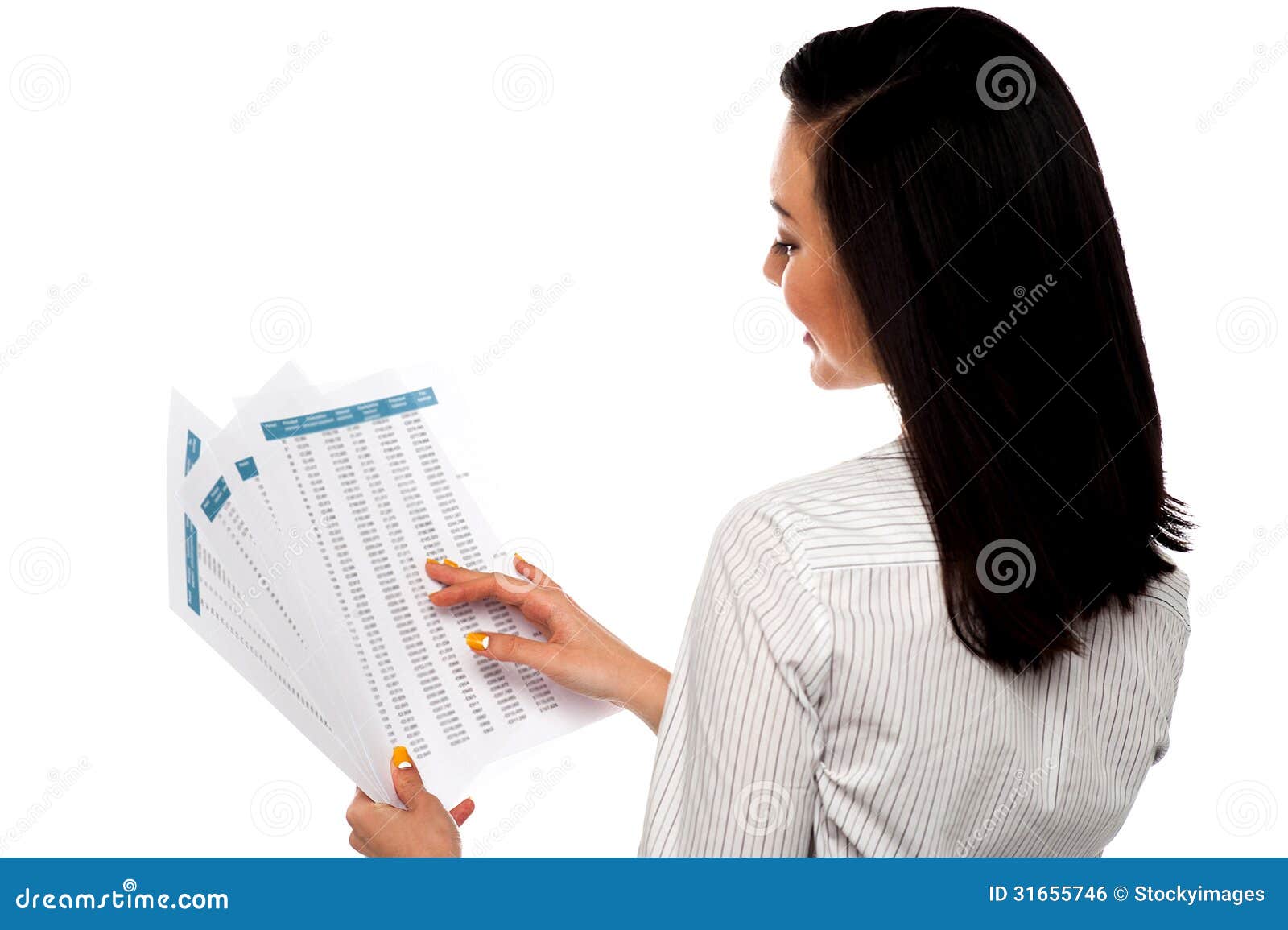 Back Pose of Businesswoman Reading Reports Stock Photo - Image of ...