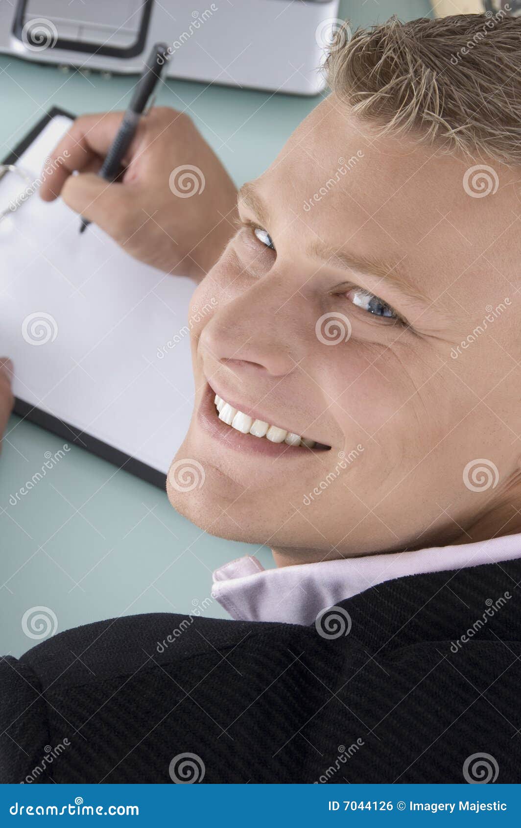 Back Pose of Smiling Man with Stock Photo - Image of indoors, client ...