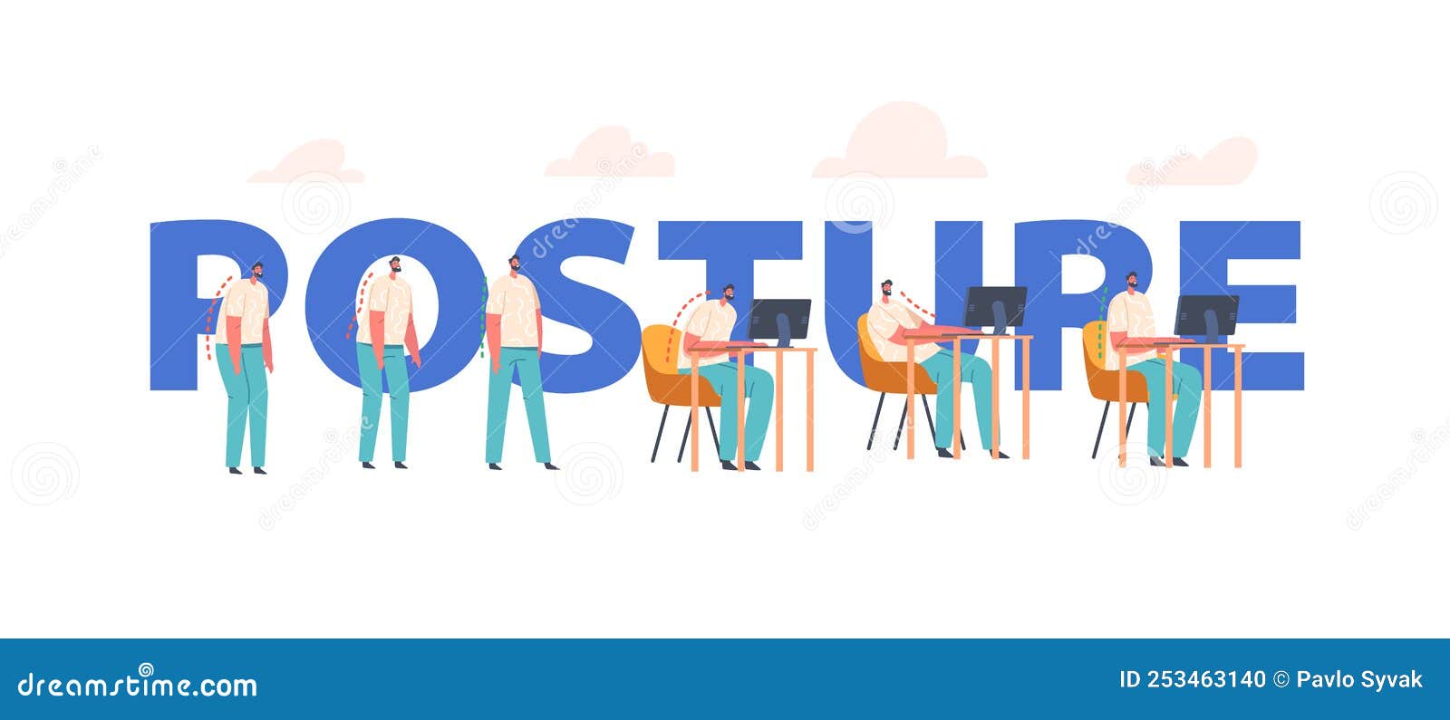 Back Posture Concept. Male Characters Standing and Sitting at Desk at ...