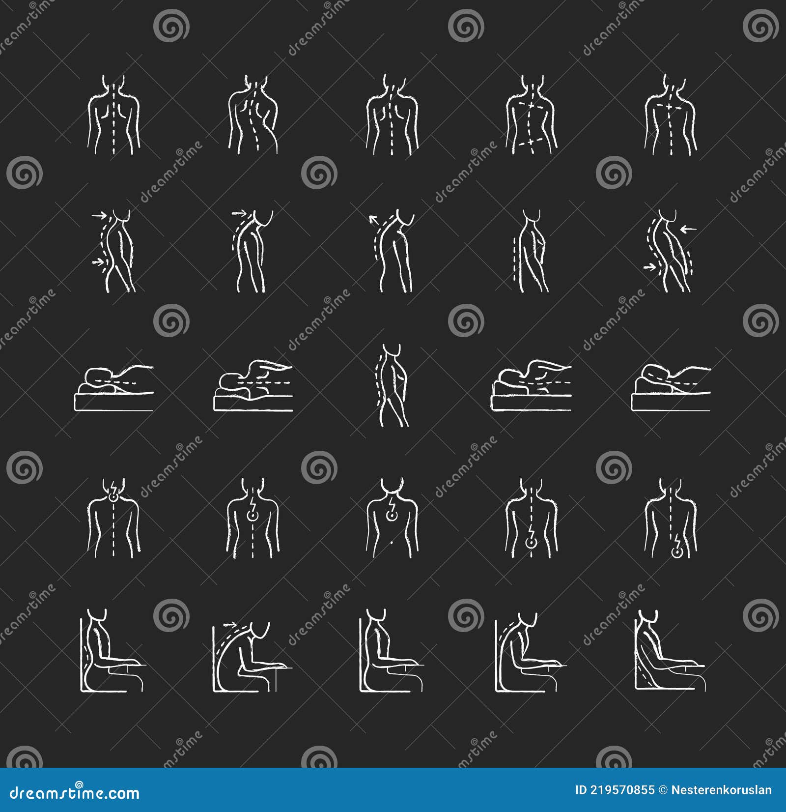 Back and Posture Problems Chalk White Icons Set on Black Background ...