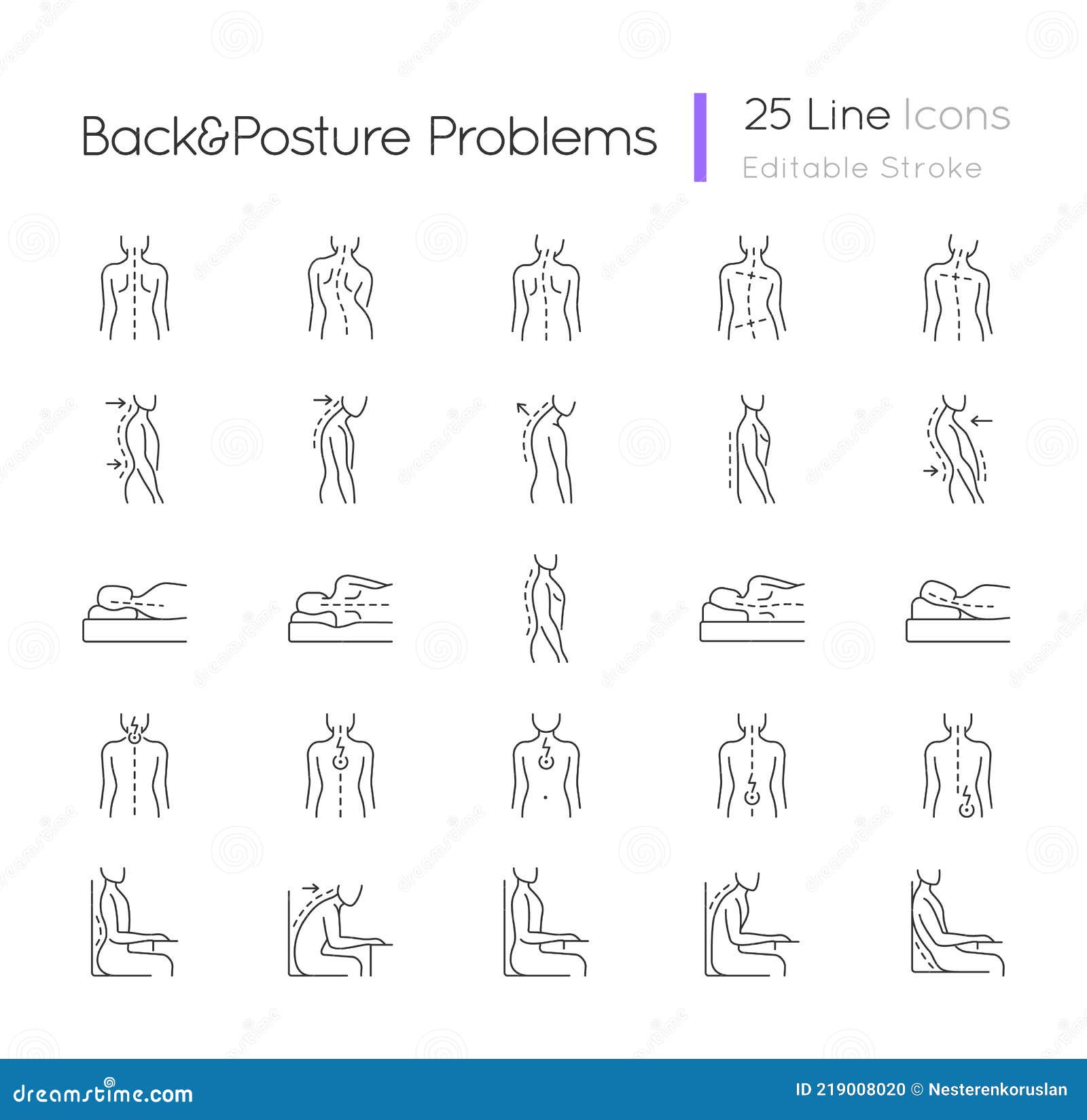 Back and Posture Problems Linear Icons Set Stock Vector - Illustration ...