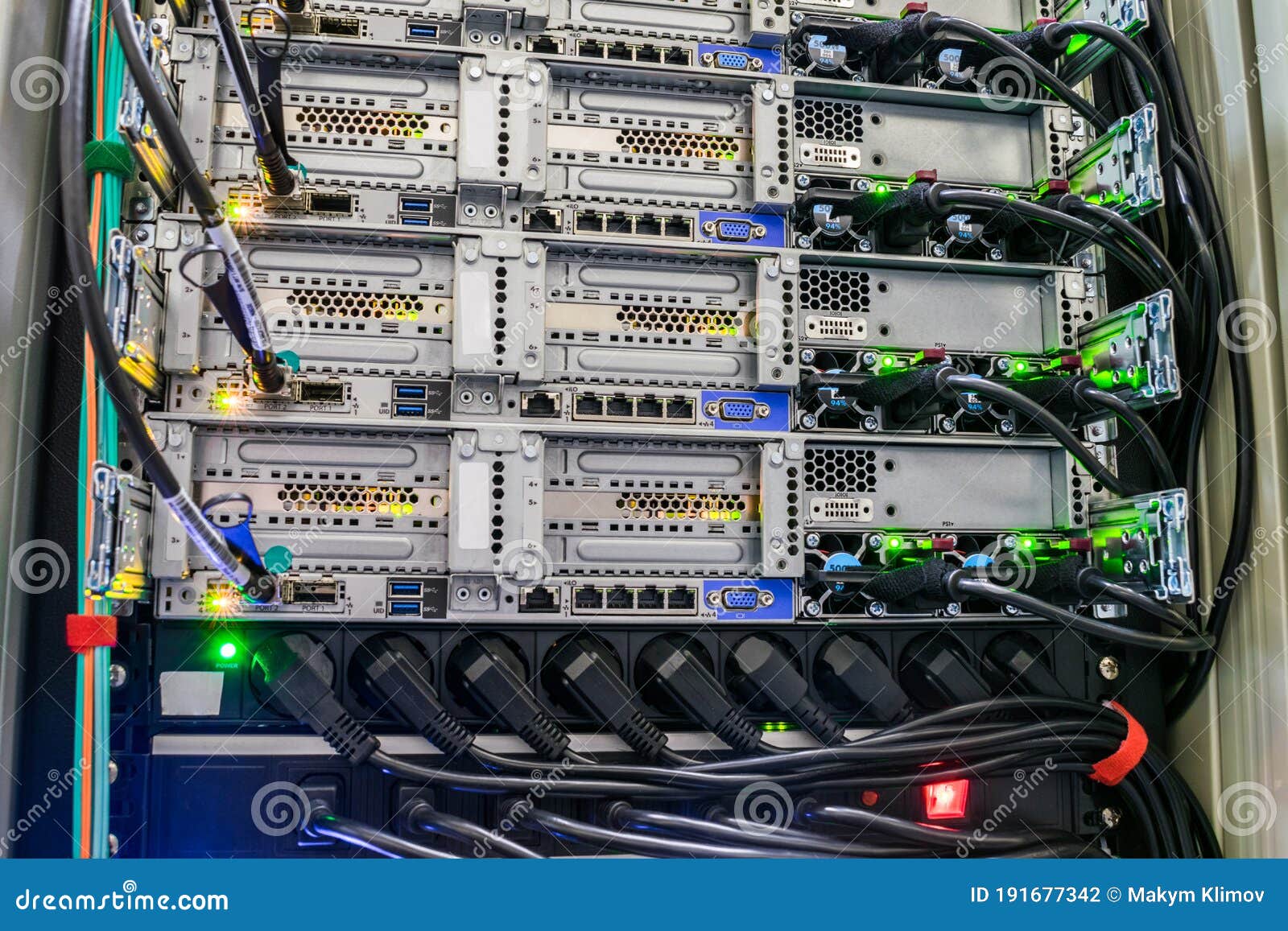 Back of the Powerful Computer Servers Installed in the Rack. Electrical ...