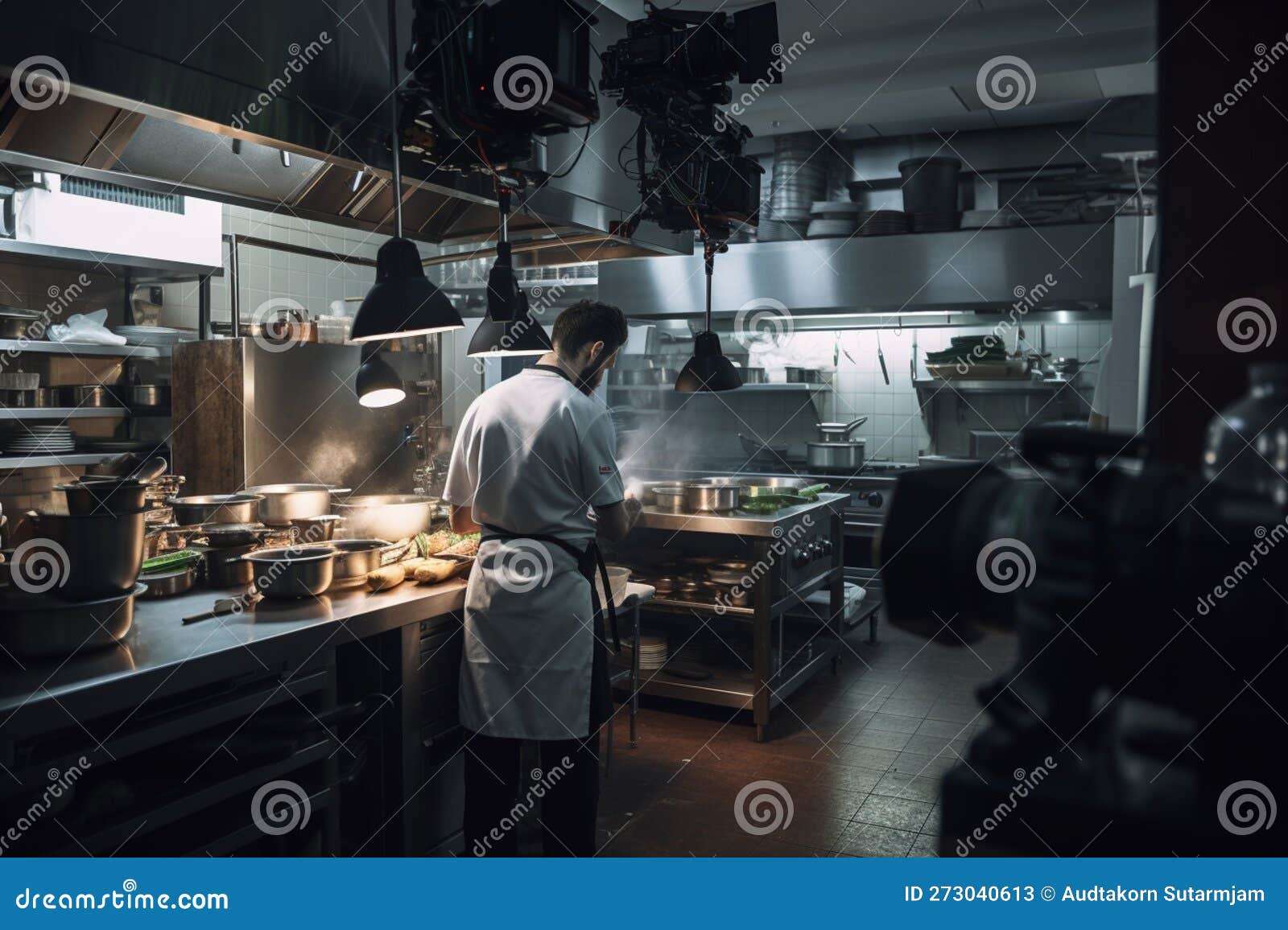 Back of Professional Chef Cooking in a Busy Restaurant Kitchen ...
