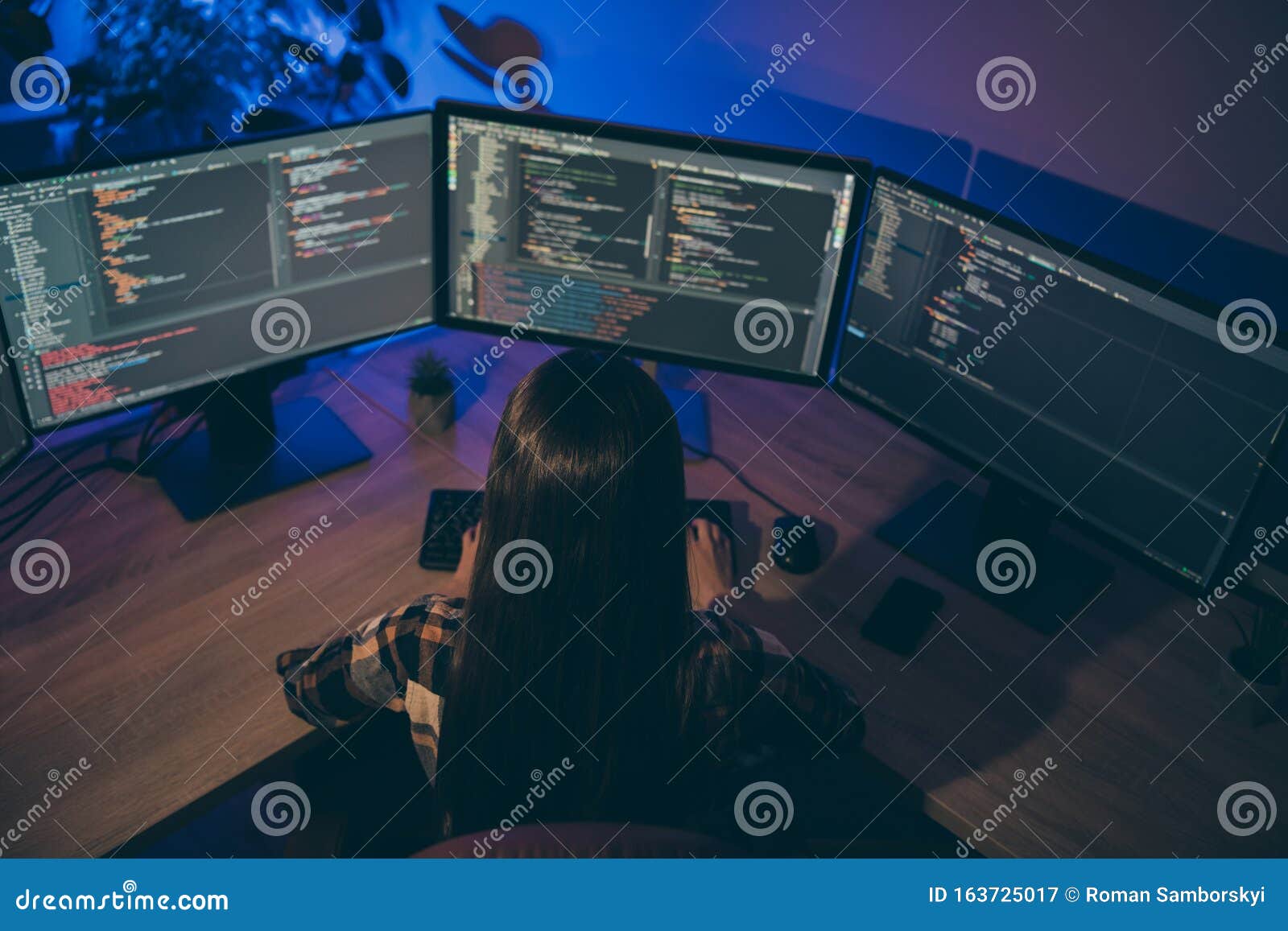 Back Rear Top Above High Angle View Photo Of Coder Debugging Protection Software Of Her