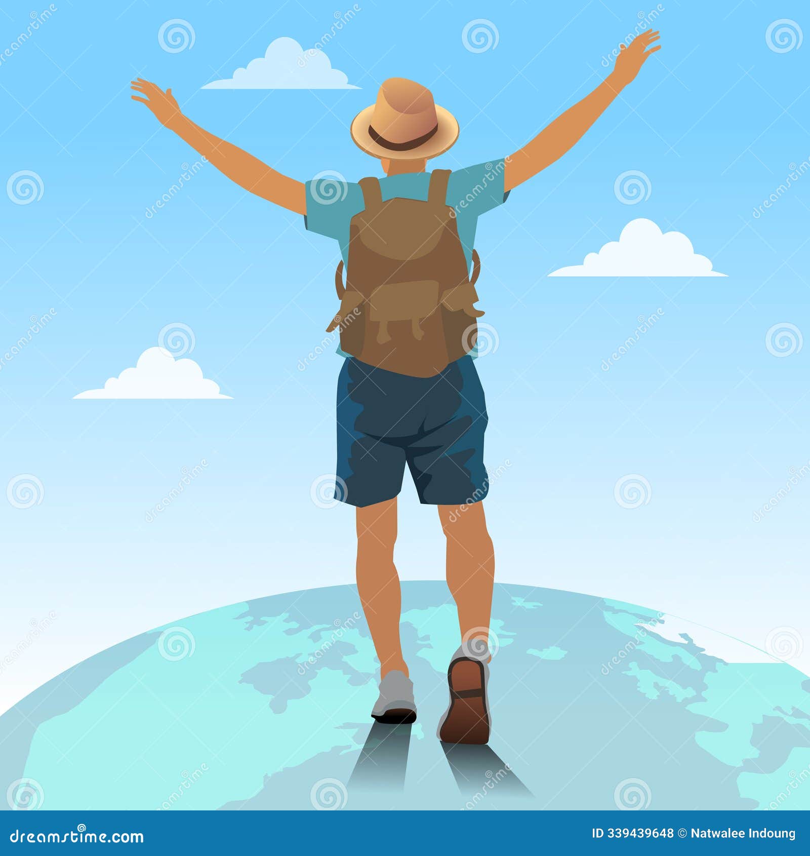Back, Rear View Of Backpacker Man With Rucksack Raising Hands Stock ...
