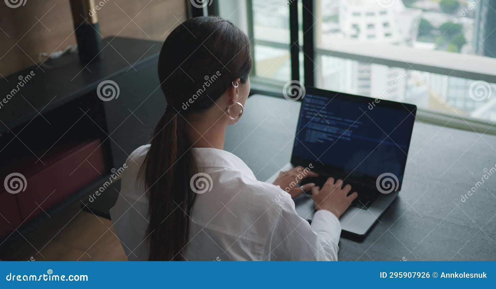 Back Rear View Female Programmer Developing App in Creative Office ... Back Rear View Female Programmer Developing App in Creative Office ...