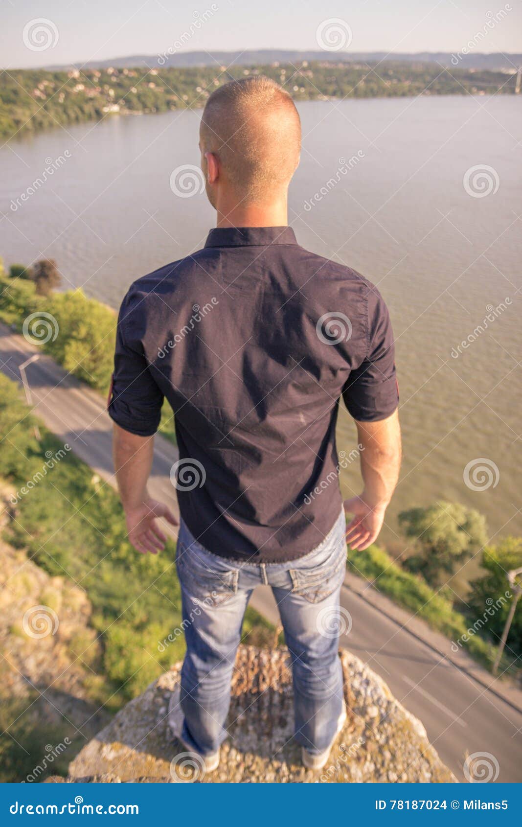 Back Rear View Freedom Man Standing High Above Stock Photo - Image of ...