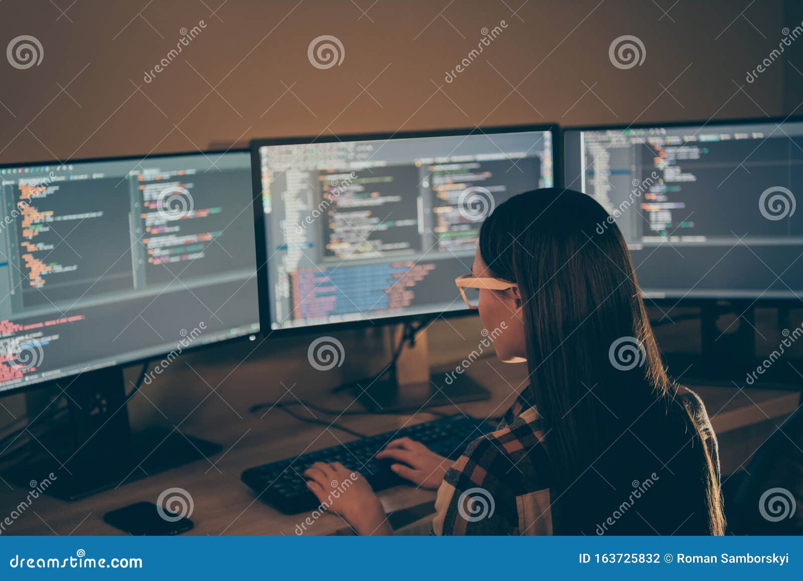 Back Rear View Photo of Focused Concentrated Girl Coding New Project ...