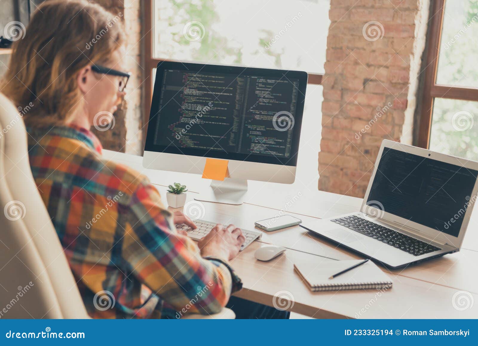 Back Rear View Photo of Young Man Use Laptop Programmer Coder ...