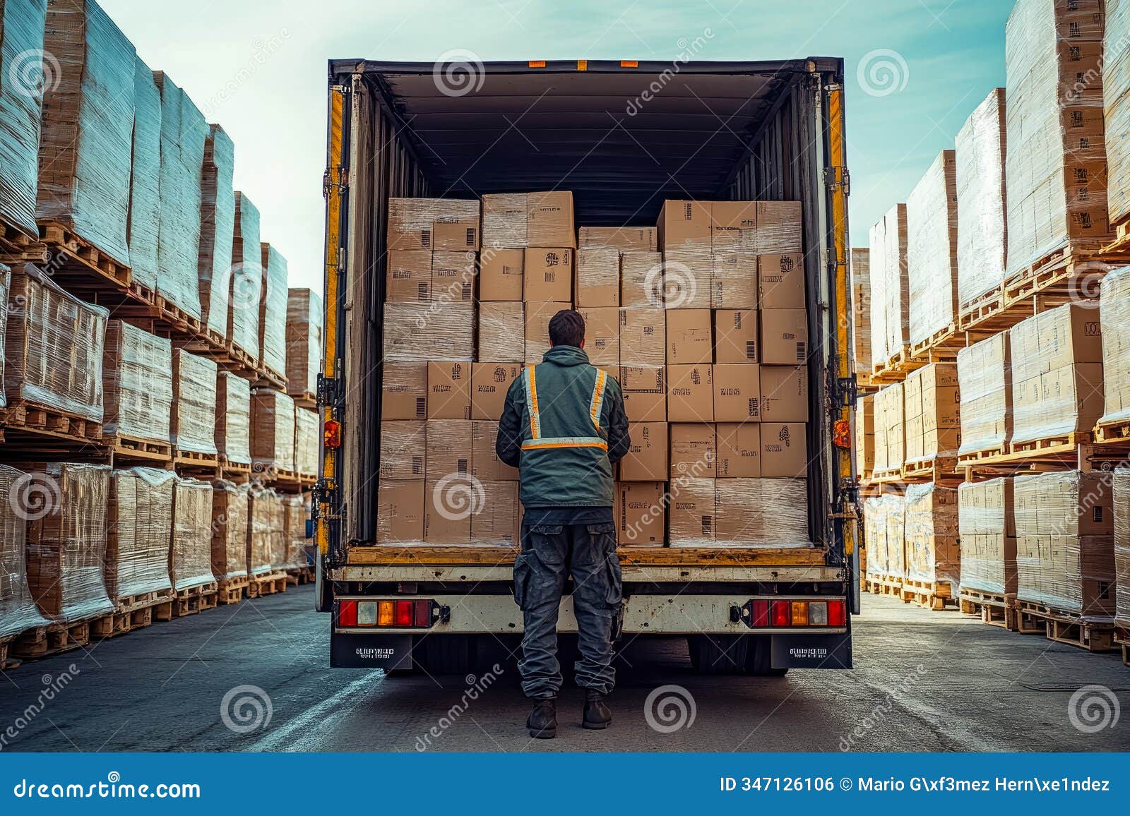 Back Shot of a Worker Loading a Large Delivery Truck at a Distribution ...