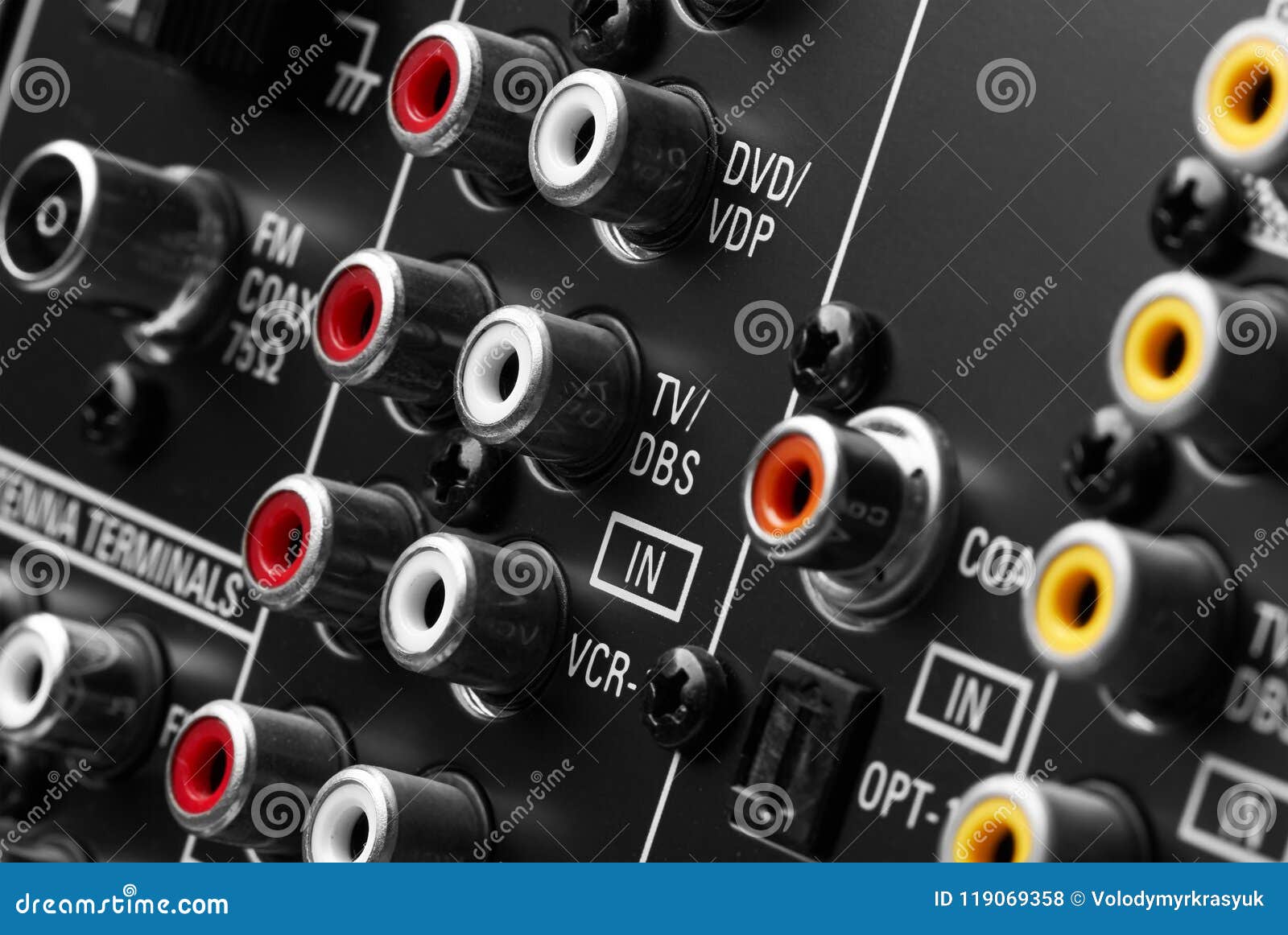 Back side of AV receiver stock photo. Image of electronics - 119069358