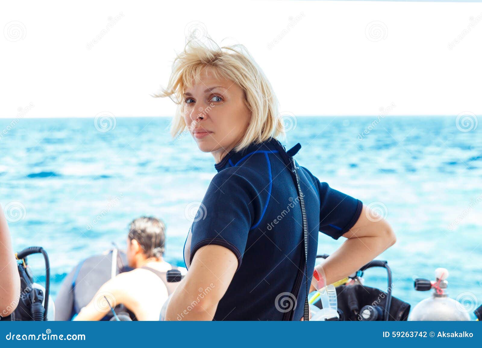 Back Side of Calm Diver Woman Stock Photo - Image of seaside, beautiful ...