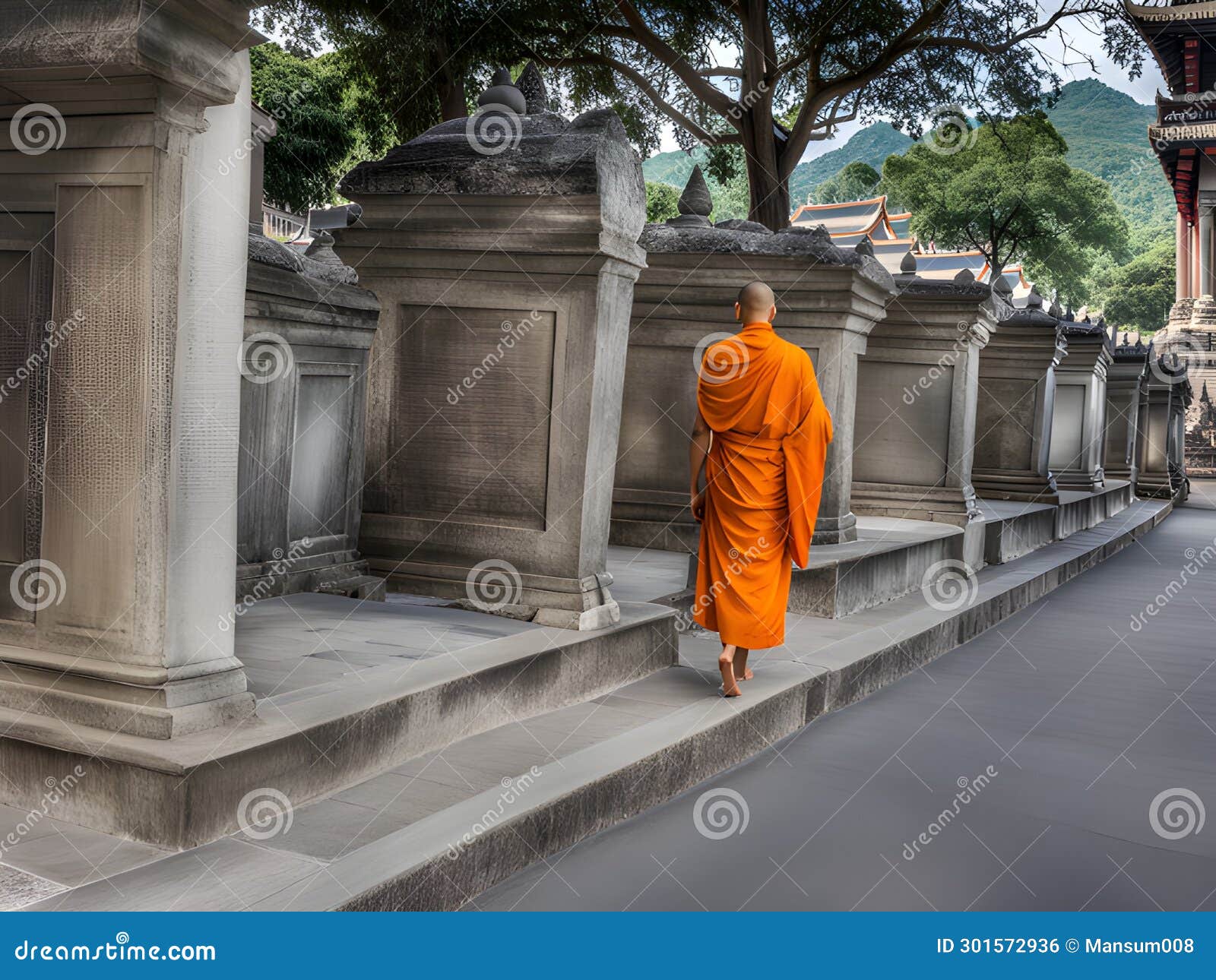 Back Side of Senior Monk Walk in Ancient Temple Stock Illustration ...