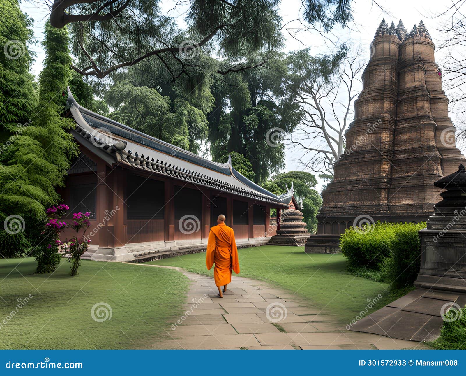 Back Side of Senior Monk Walk in Ancient Temple Stock Illustration ...