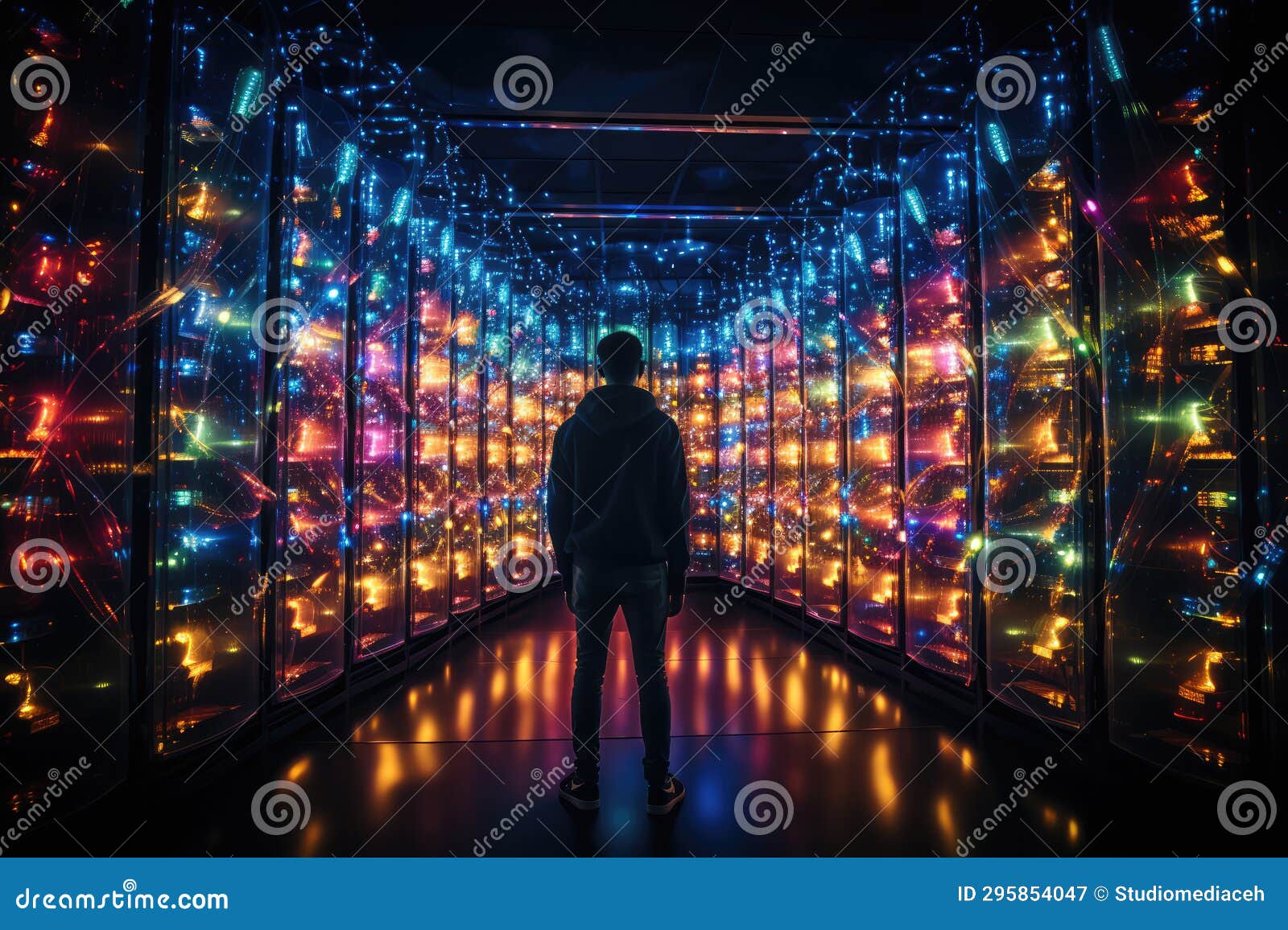 Back Side of a Technician through in Network Server Room at a Data ...