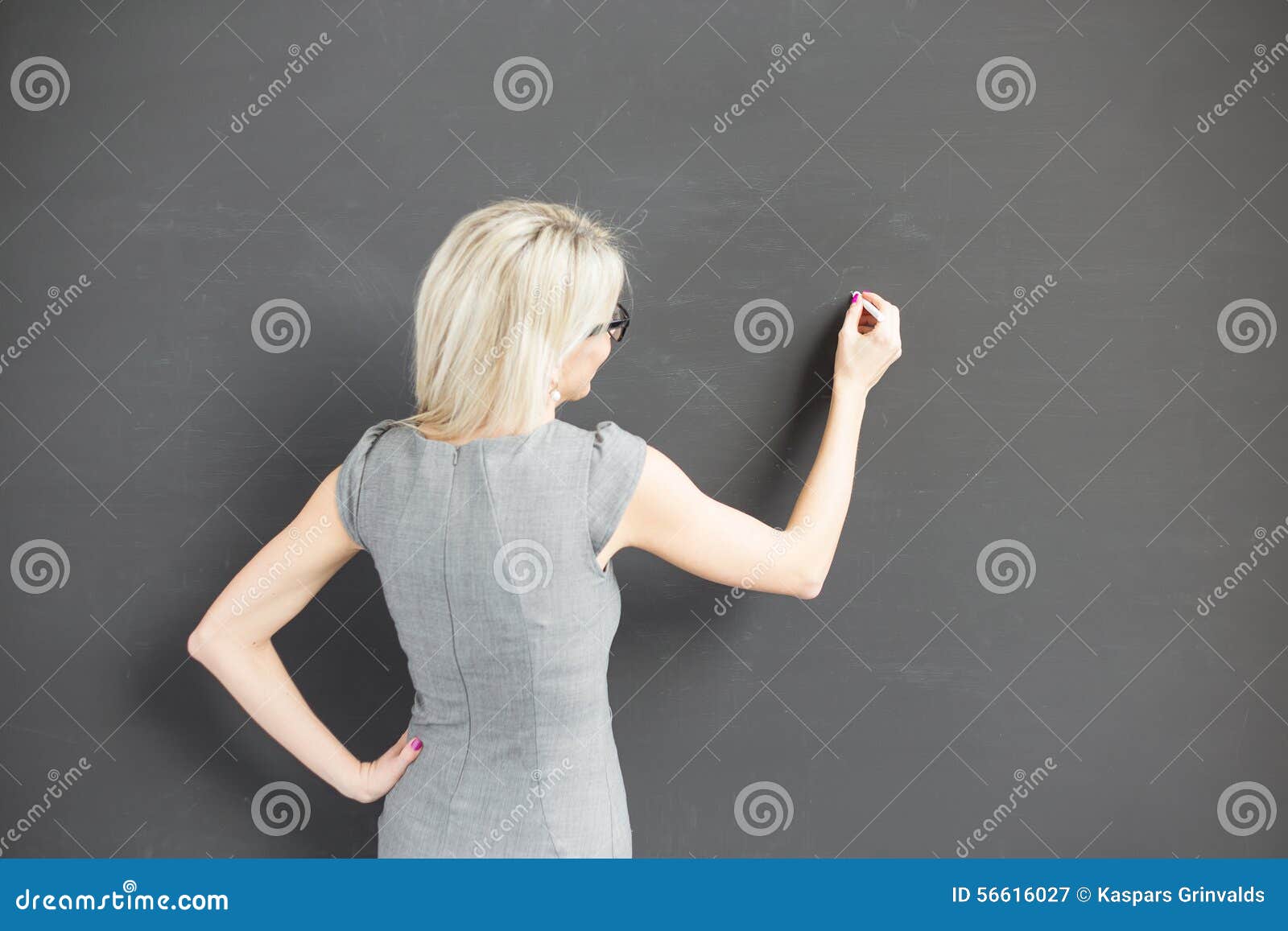 Back Side View Business Woman Writing on Grey Wall Blackboard Stock ...
