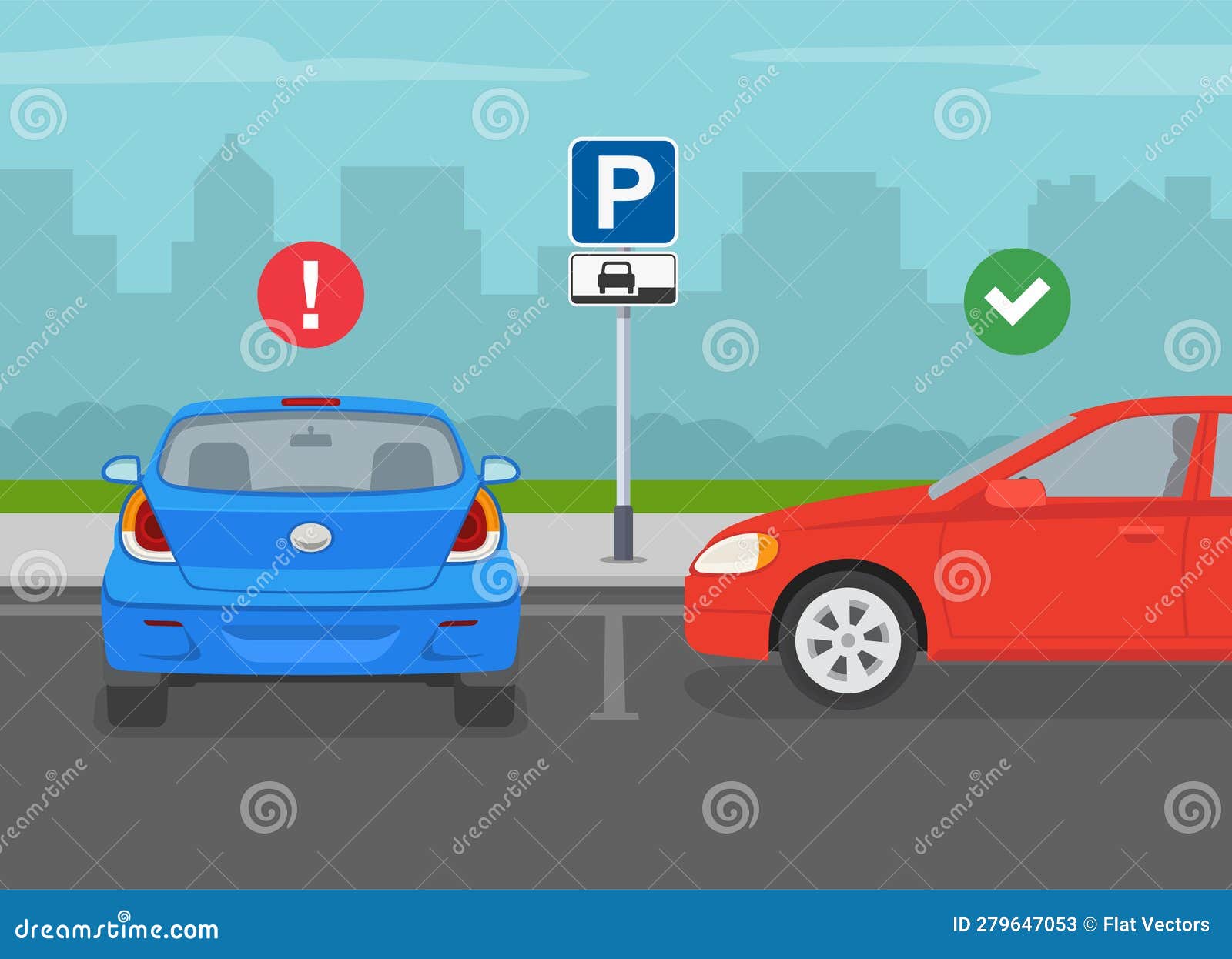 Back And Side View Of A Correct And Incorrect Parked Car In The ...