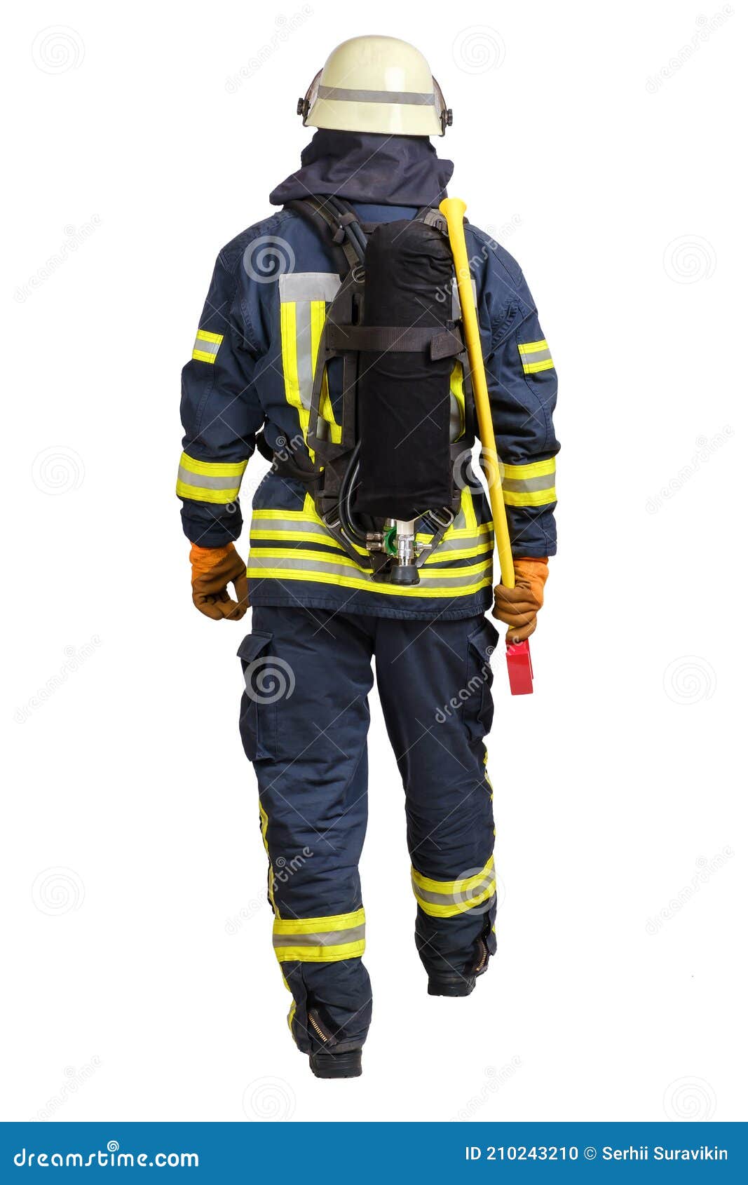 Back Side View of Walking Firefighter in Fire-proof Uniform Stock Photo ...