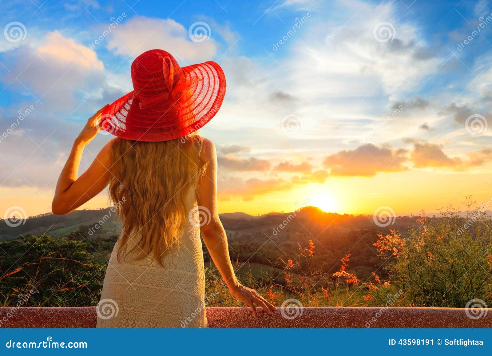 A Back Side View on a Wonderful Young Woman Watching Sunset. Stock ...