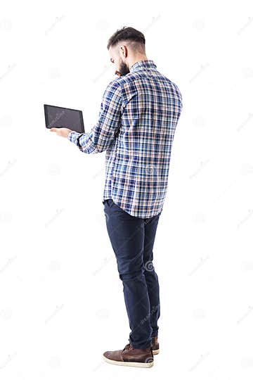 Back Side View of Young Business Man Using and Working on Tablet ...