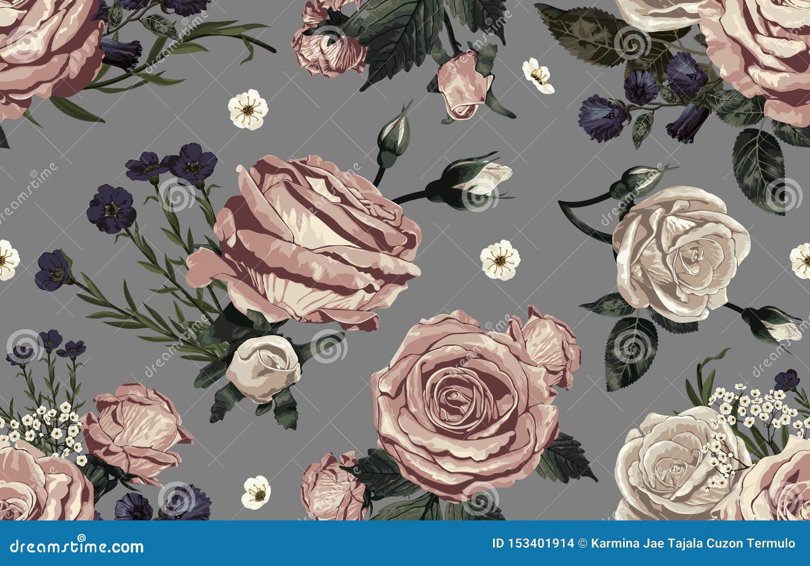 Seamless Pattern of Elegant Blush Toned Flowers on a Black Background ...