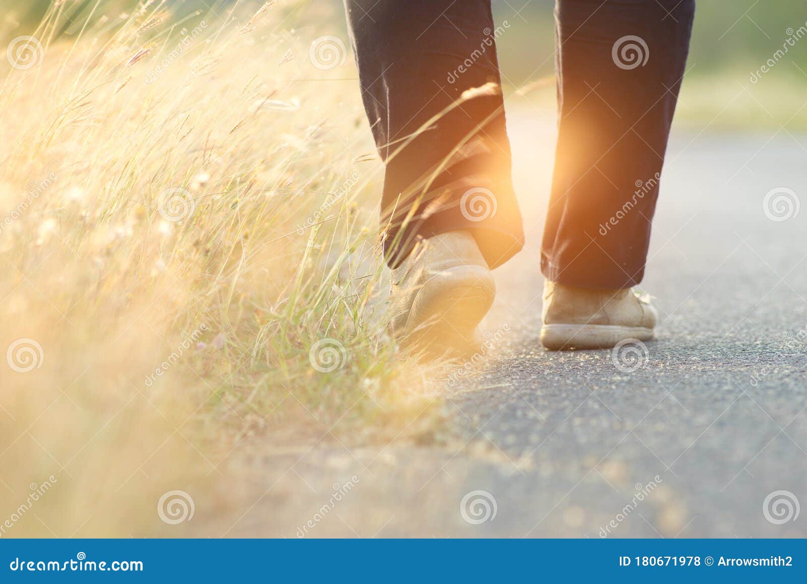Back of Sneakers Shoes Walking on Road with Meadow Stock Photo - Image ...