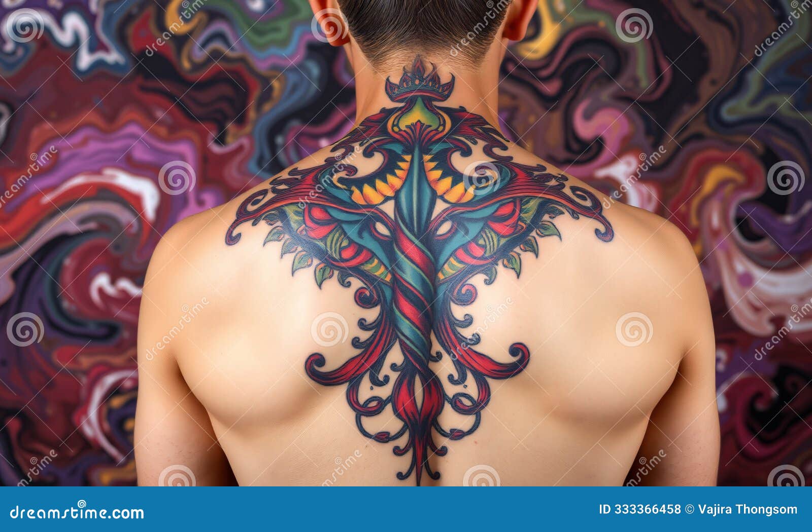 A Back Tattoo with a Vibrant and Complex Abstract Design Stock ...