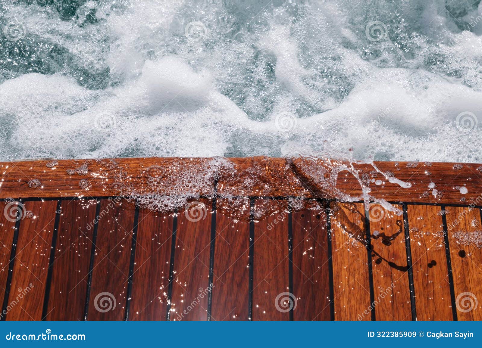 Back Teak Wooden Deck And Metal Ladder Of A Of Motor Yacht Over The Sea ...