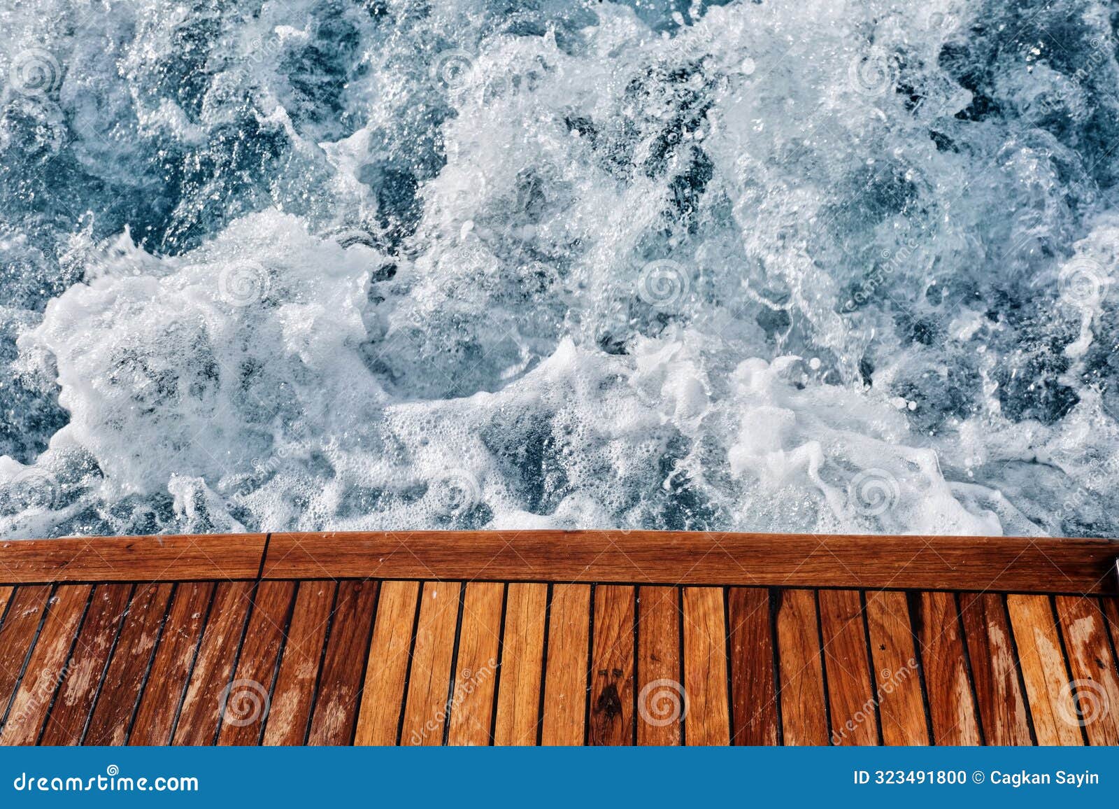 Back Teak Deck of a of Motor Yacht, Waves and Sea Foam Stock Photo ...