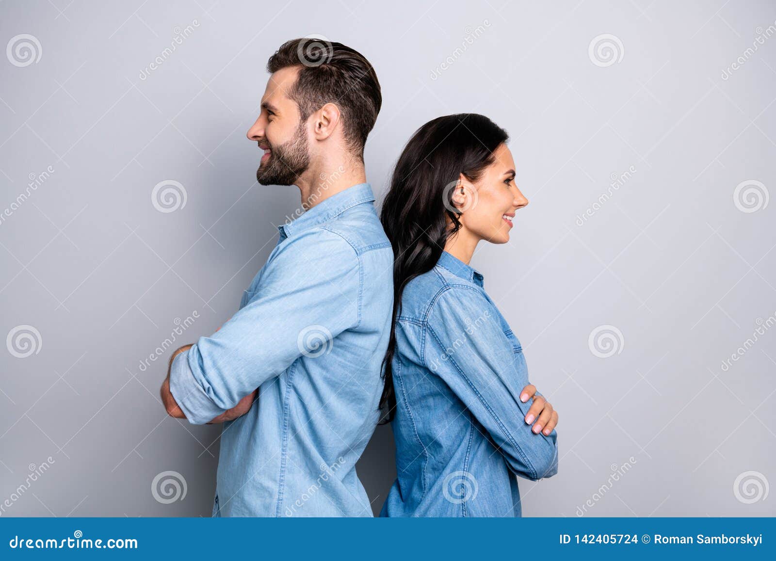 Back-to-back. Profile Side View Photo of Cute Pleasant Nice Workers ...