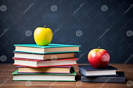 Back To School Background with Books and Apples Over Blackboard. Stack ...