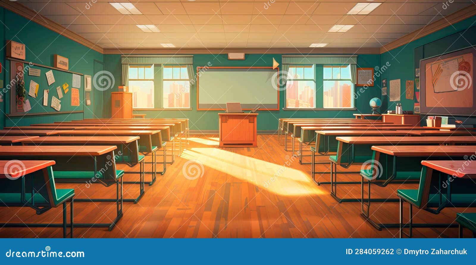 Back To School Background Showcasing A Classroom Setting With Desks