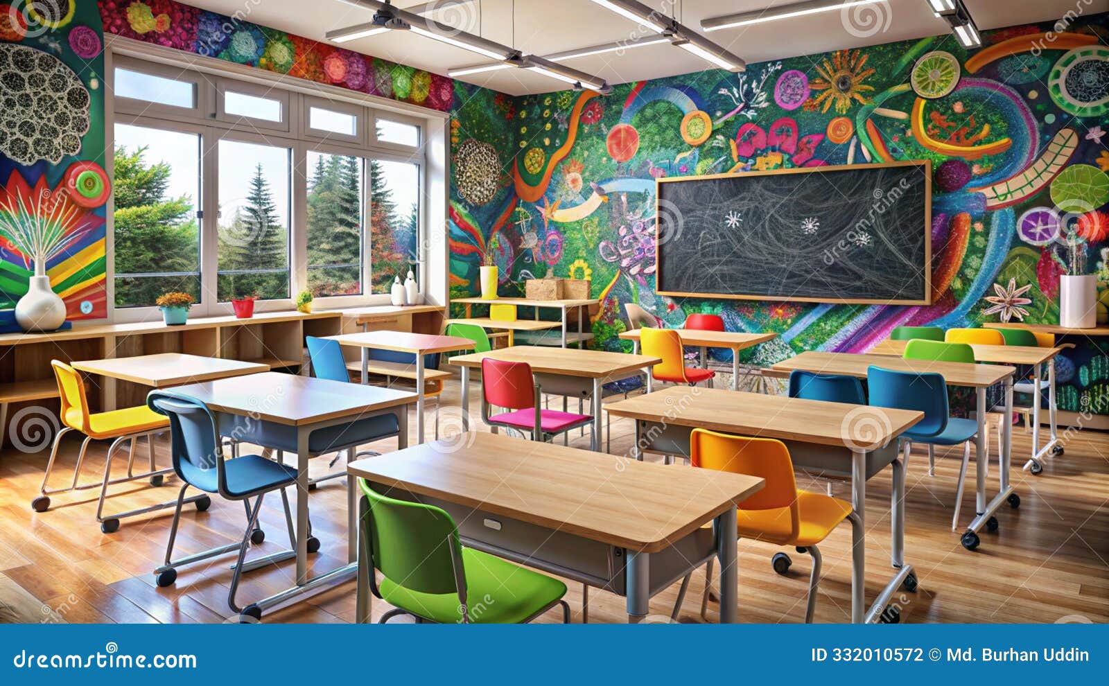 Back To School Background a Vibrant Classroom with Desks Chairs Stock ...